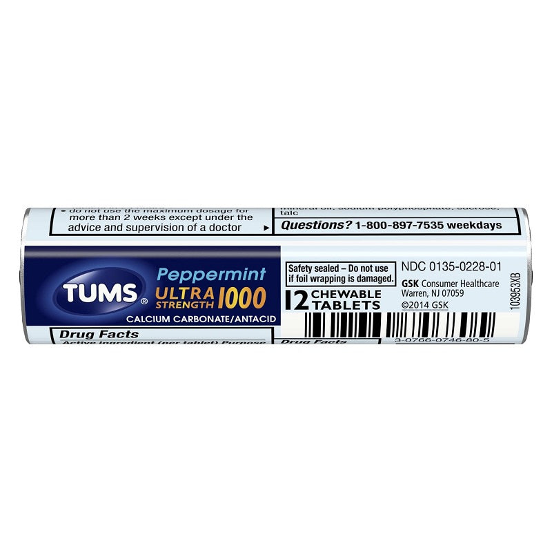 Tums Ultra Strength Peppermint Antacid Chewable Tablets 12ct Roll ...